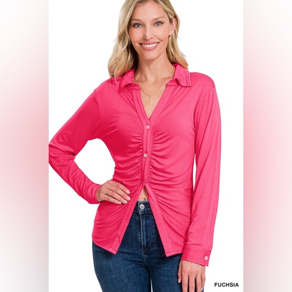 Zenana Outfitters | Tops | Stretchy Button Down Shirt With Ruched Detail Sl | Poshmark